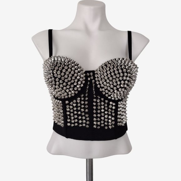 Tops | Retro Black And Silver Spiked Convertible Bustier Corset Crop ...